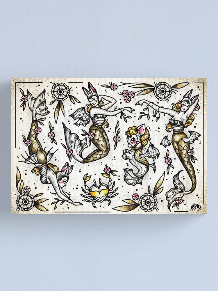 "Mermaids Cute Traditional Tattoo Flash" Canvas Print for Sale by ...