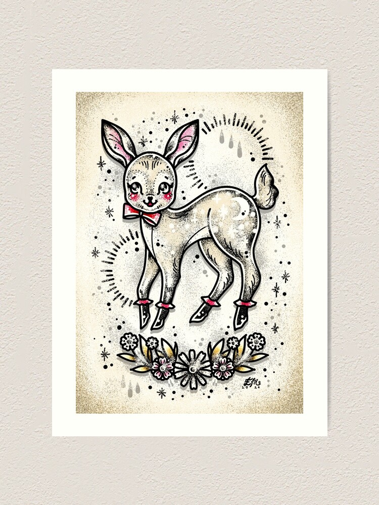 "Darling Deer Vintage Style Cute Traditional Tattoo Flash" Art Print by ...