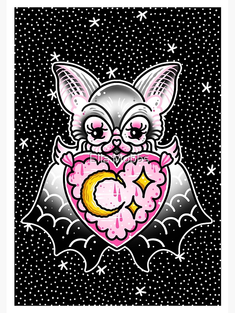 "Halloween Bat with Pink Heart Traditional Tattoo Flash" Art Print by ...