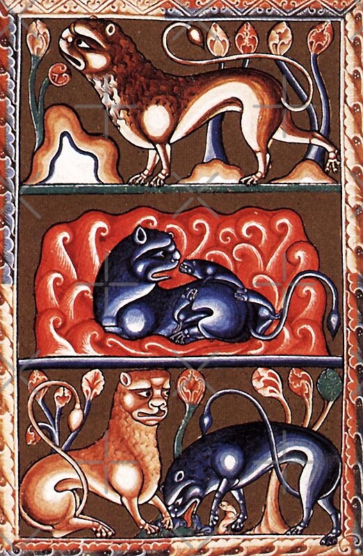 "MEDIEVAL BESTIARY, Lion Like Beasts White Red Blue Fantasy Animals" by ...