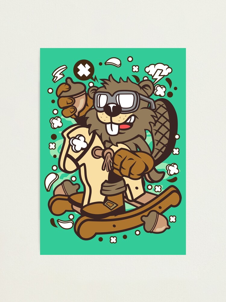 Lámina fotográfica «Castor Rocking Horse Riding Comic de dibujos ...