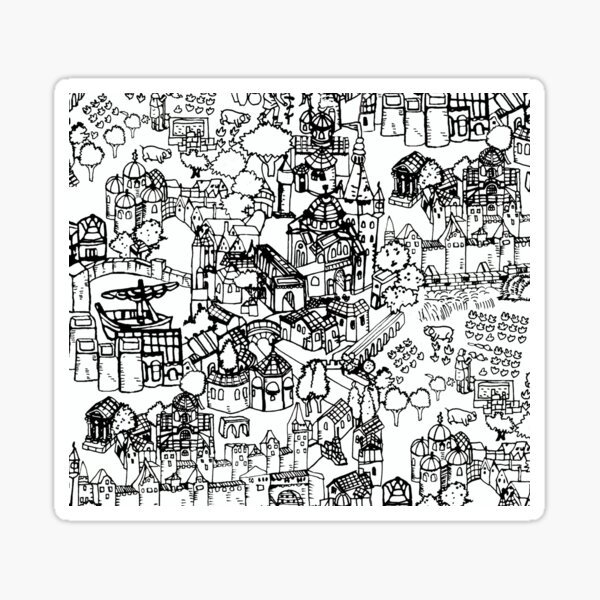"Medieval village, town, line art." Sticker for Sale by katetwohig ...