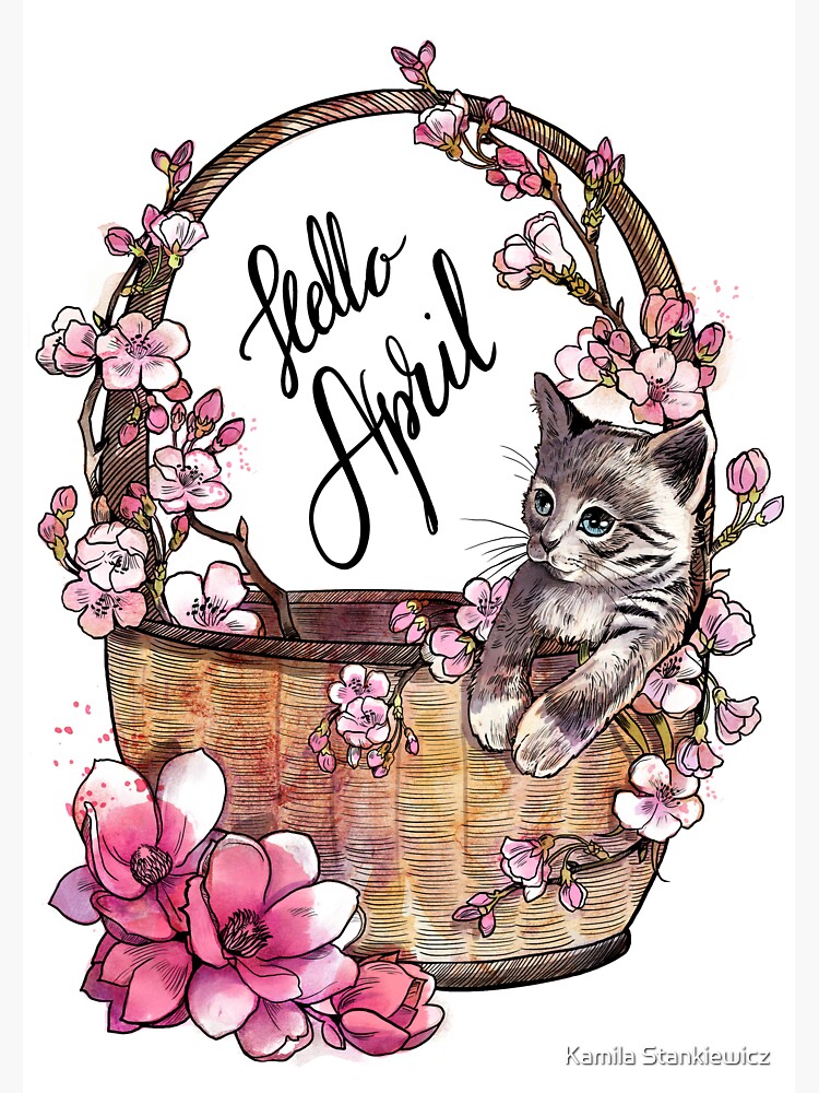 "Hello April, spring illustration with cute kitty in a basket and ...