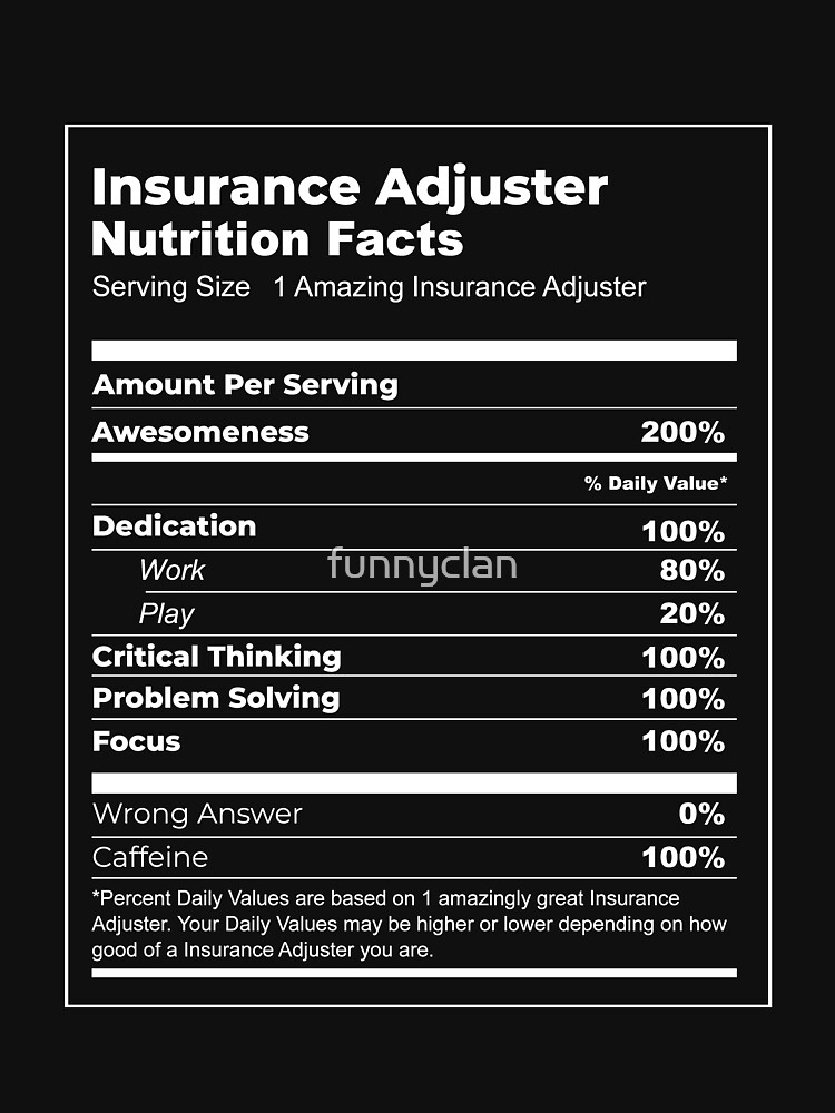 "Funny Insurance Adjuster T-shirt (Nutrition Facts Parody Meme)" T ...