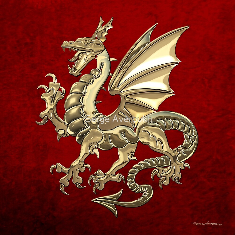 "Gold Winged Norse Dragon - Icelandic Viking Landvaettir over Red ...