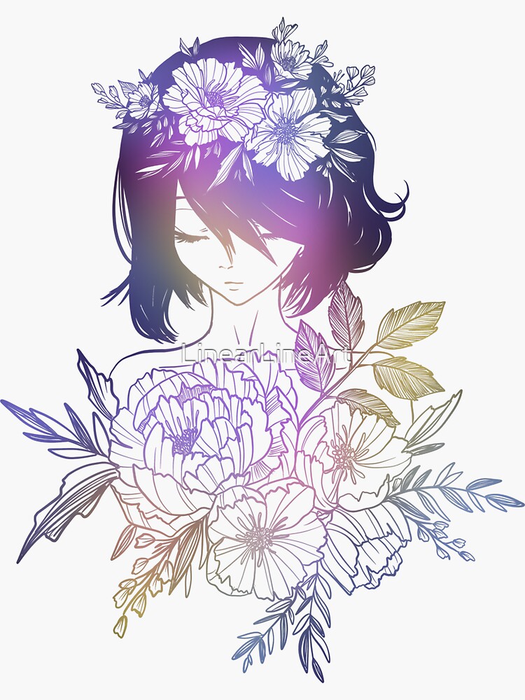 "Flower anime girl " Sticker by LinearLineArt | Redbubble