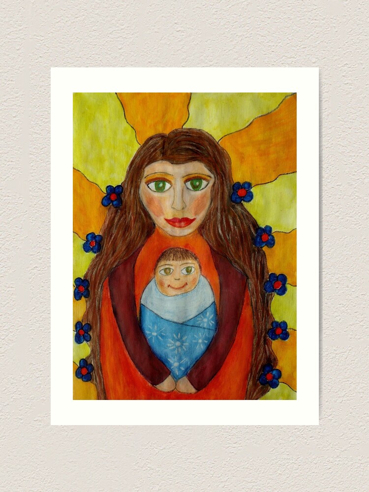 "Mother and Child Naive Mixed Media Art" Art Print for Sale by ...