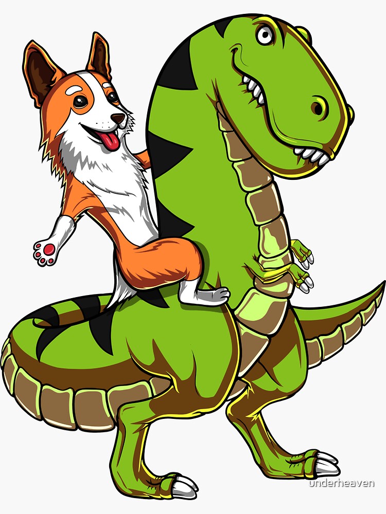 "Corgi Dog Riding T-Rex Dinosaur" Sticker by underheaven | Redbubble