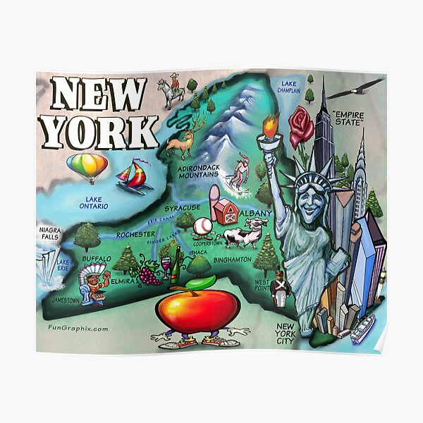 "New York State Cartoon Map" Poster for Sale by kevinmiddleton | Redbubble