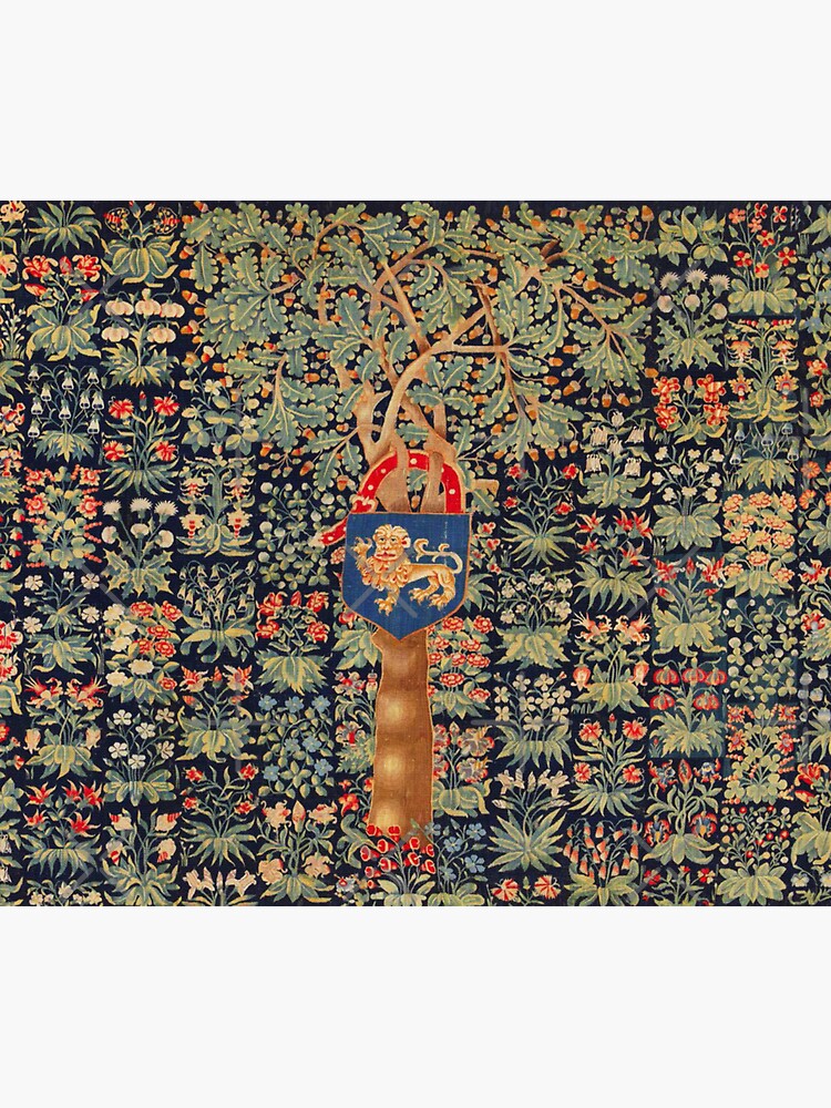 "ANTIQUE MILLEFLEURS TAPESTRY,OAK TREE,ACORNS, LION HERALDIC SYMBOL,RED ...