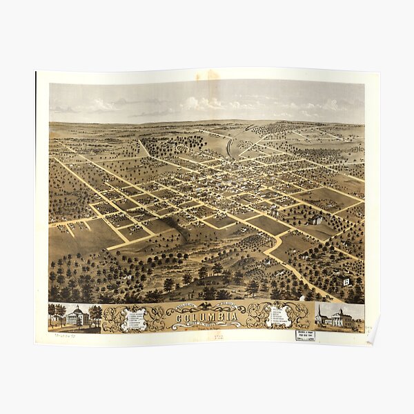 "Bird's eye view of the city of Columbia, Missouri (1869)" Poster for ...