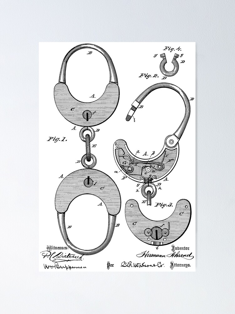 "Hand cuff Vintage Patent Hand Drawing" Poster by TheYoungDesigns ...