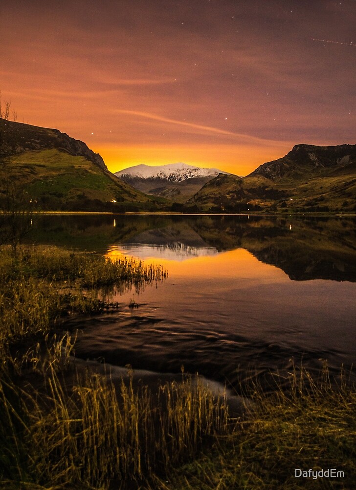 "Snowy Snowdon at night from Nantlle Lake" by DafyddEm | Redbubble