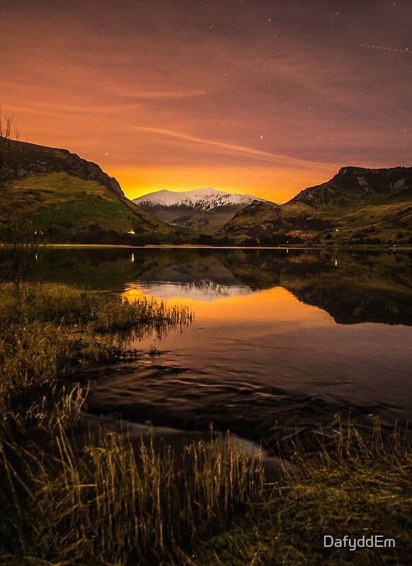 "Snowy Snowdon at night from Nantlle Lake" by DafyddEm | Redbubble