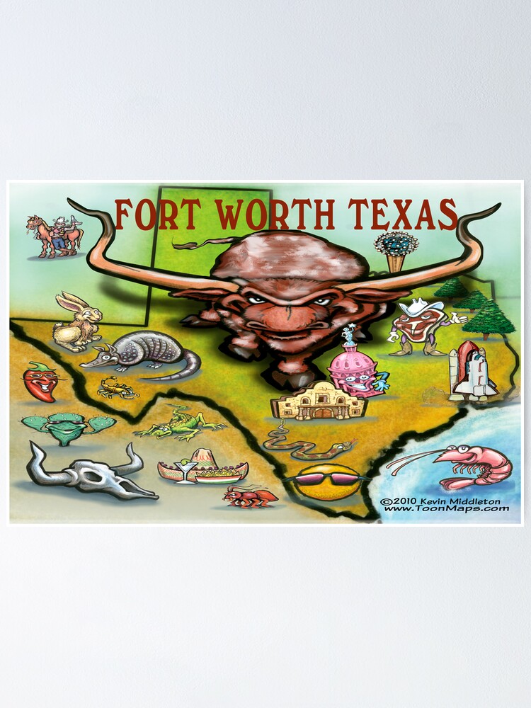 "Fort Worth TEXAS Cartoon Map" Poster for Sale by kevinmiddleton ...
