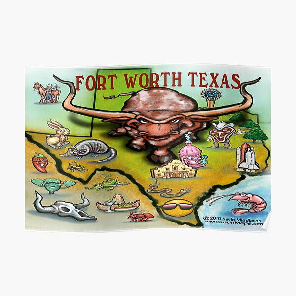 "Fort Worth TEXAS Cartoon Map" Poster von kevinmiddleton | Redbubble