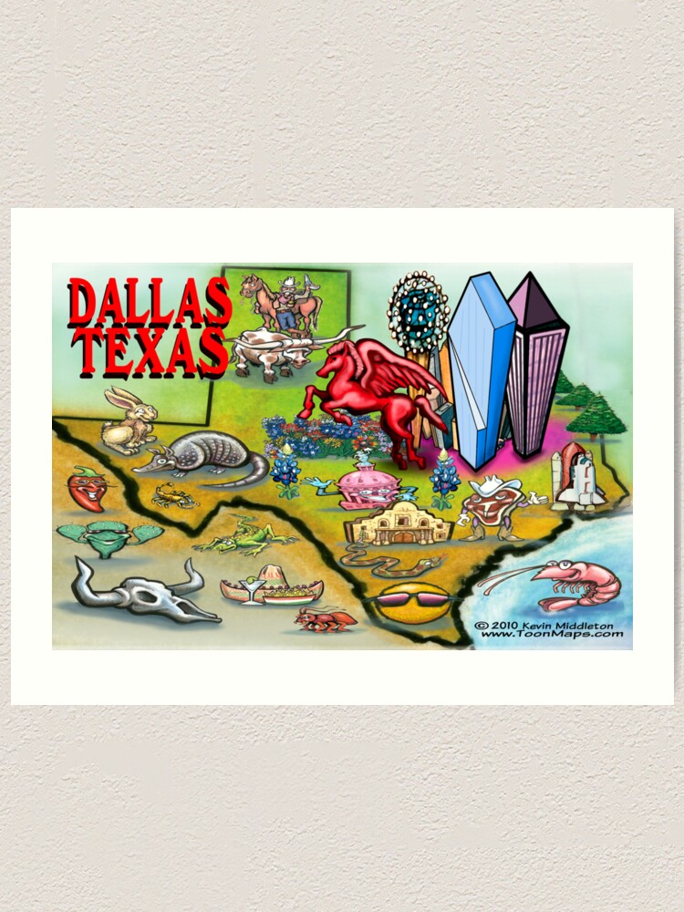 "Dallas TEXAS Cartoon Map" Art Print by kevinmiddleton | Redbubble