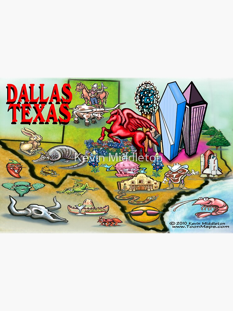 "Dallas TEXAS Cartoon Map" Art Print by kevinmiddleton | Redbubble