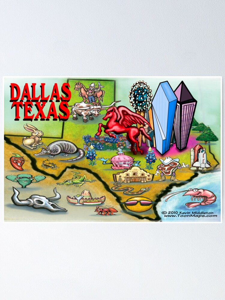 "Dallas TEXAS Cartoon Map" Poster by kevinmiddleton | Redbubble