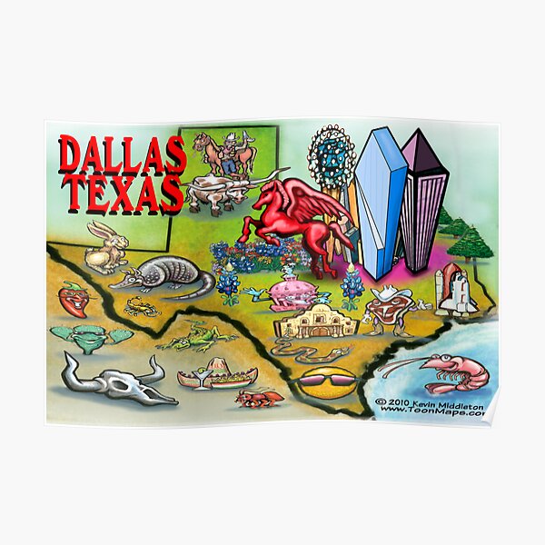 "Dallas TEXAS Cartoon Map" Poster by kevinmiddleton | Redbubble