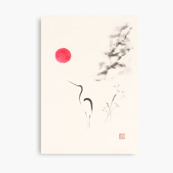 "Zen landscape with heron mountains red sun and bamboo sumi-e painting ...