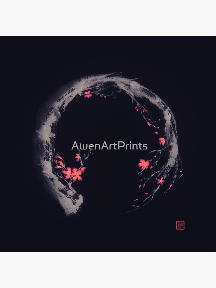 "Artistic design of Enso circle in shape of sakura branch with red flowers on black background ...