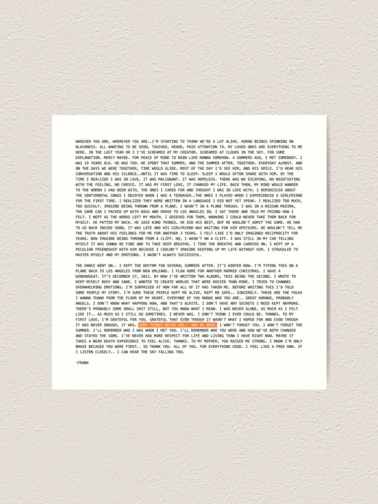 "Frank Ocean's Open Letter" Art Print for Sale by youvebeeneaton ...
