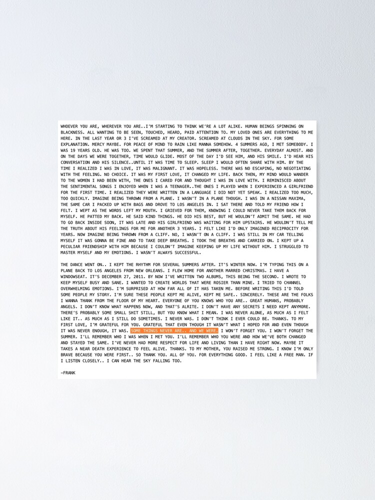 "Frank Ocean's Open Letter" Poster for Sale by youvebeeneaton | Redbubble