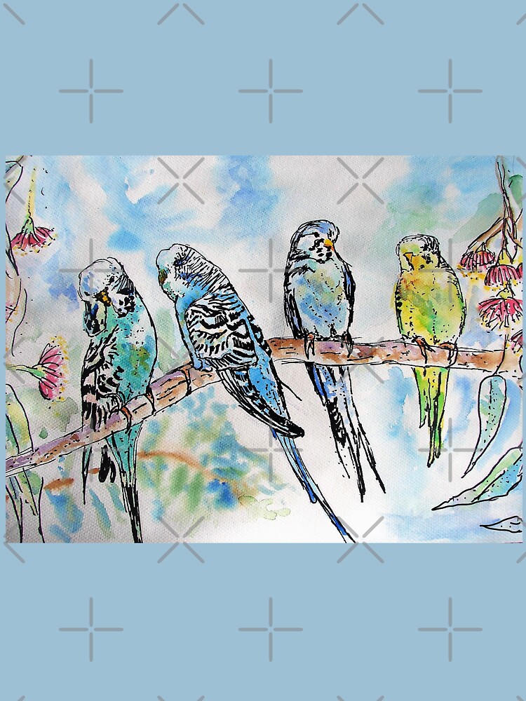 "Colourful Budgies Budgerigars Sitting on A Branch Watercolor Painting ...
