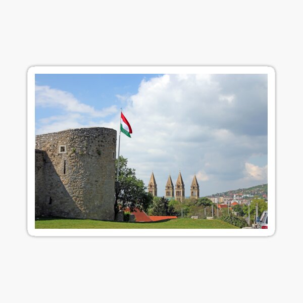 "Cathedral and fortress tower with Hungarian flag Pecs Hungary" Sticker ...