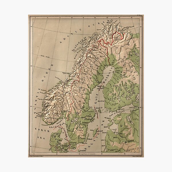 "Vintage Physical Map of Norway and Sweden (1880)" Photographic Print ...