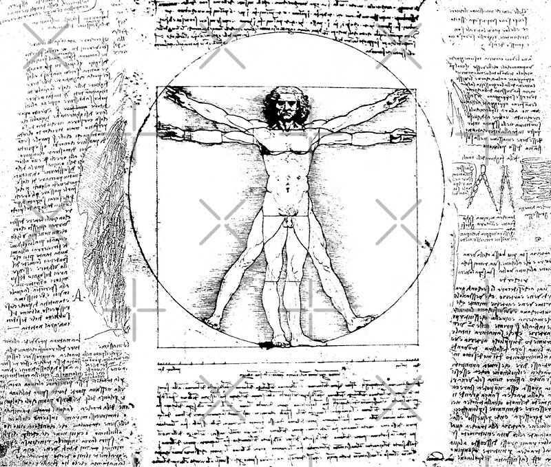 "VITRUVIAN MAN Leonardo Da Vinci Handwriting Black White Drawing" by ...