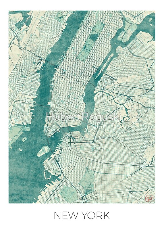 "New York Map Blue Vintage" by HubertRoguski | Redbubble