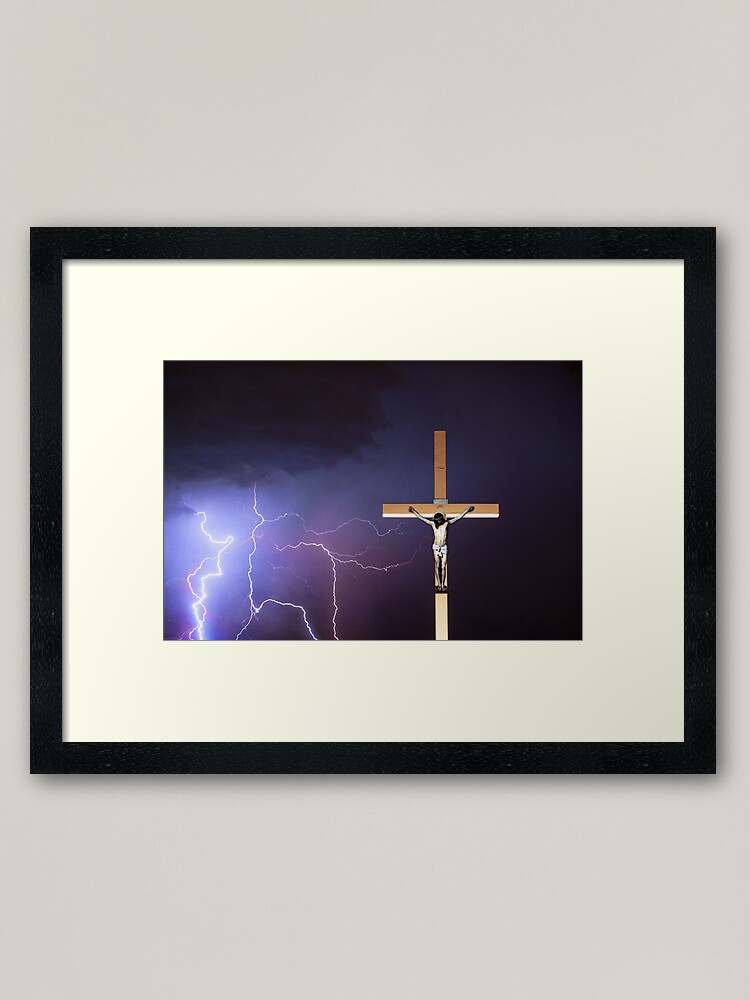 "The Crucifixion of Jesus - Lightning and the Cross" Framed Art Print ...