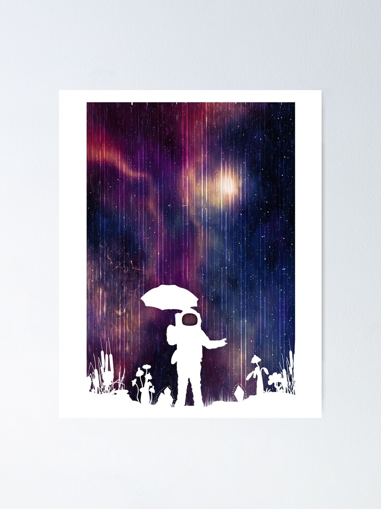 "Astronaut with umbrella on distant world in interstellar rain" Poster ...