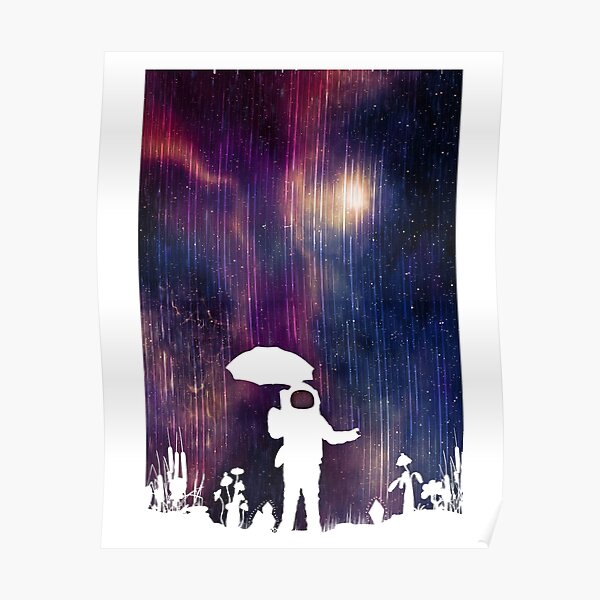 "Astronaut with umbrella on distant world in interstellar rain" Poster ...
