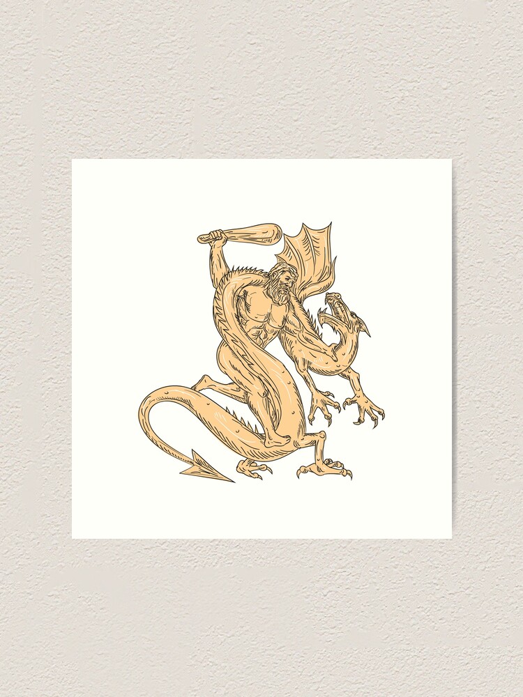 "Hercules Fighting Dragon Drawing Color" Art Print for Sale by ...