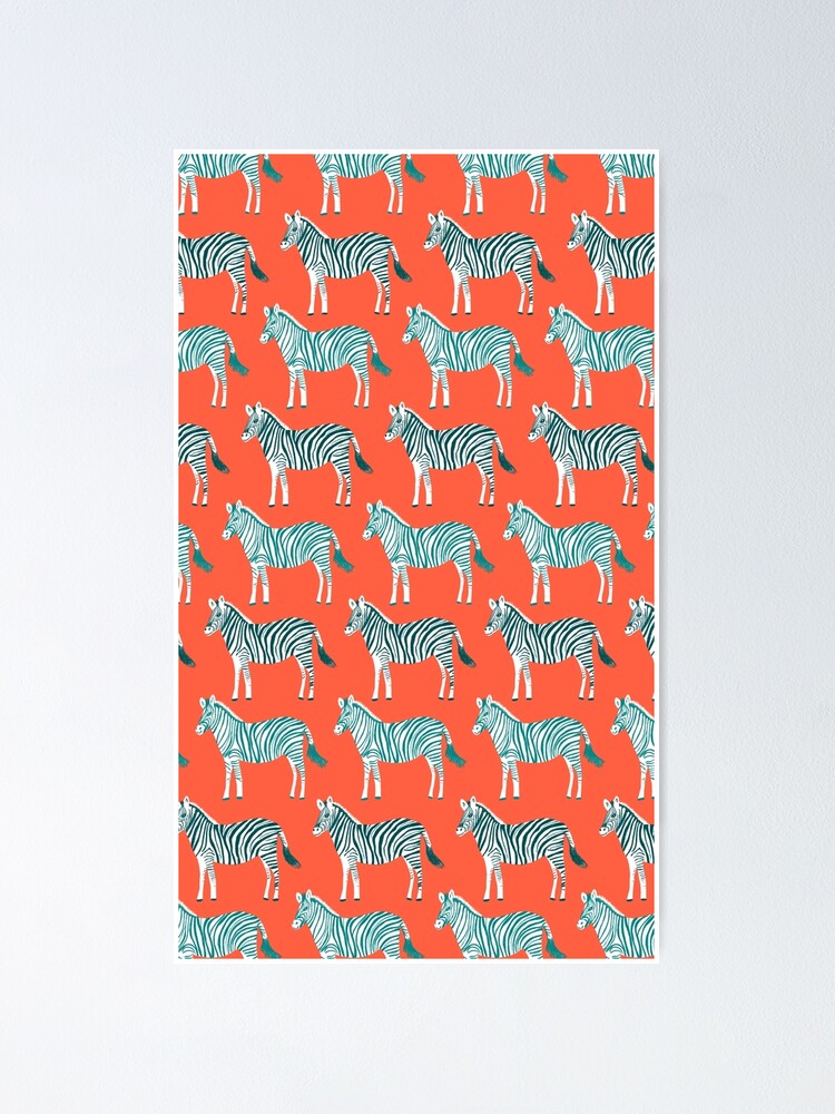 "Zebra Parade in Blue and Green on Flame Red" Poster for Sale by ...