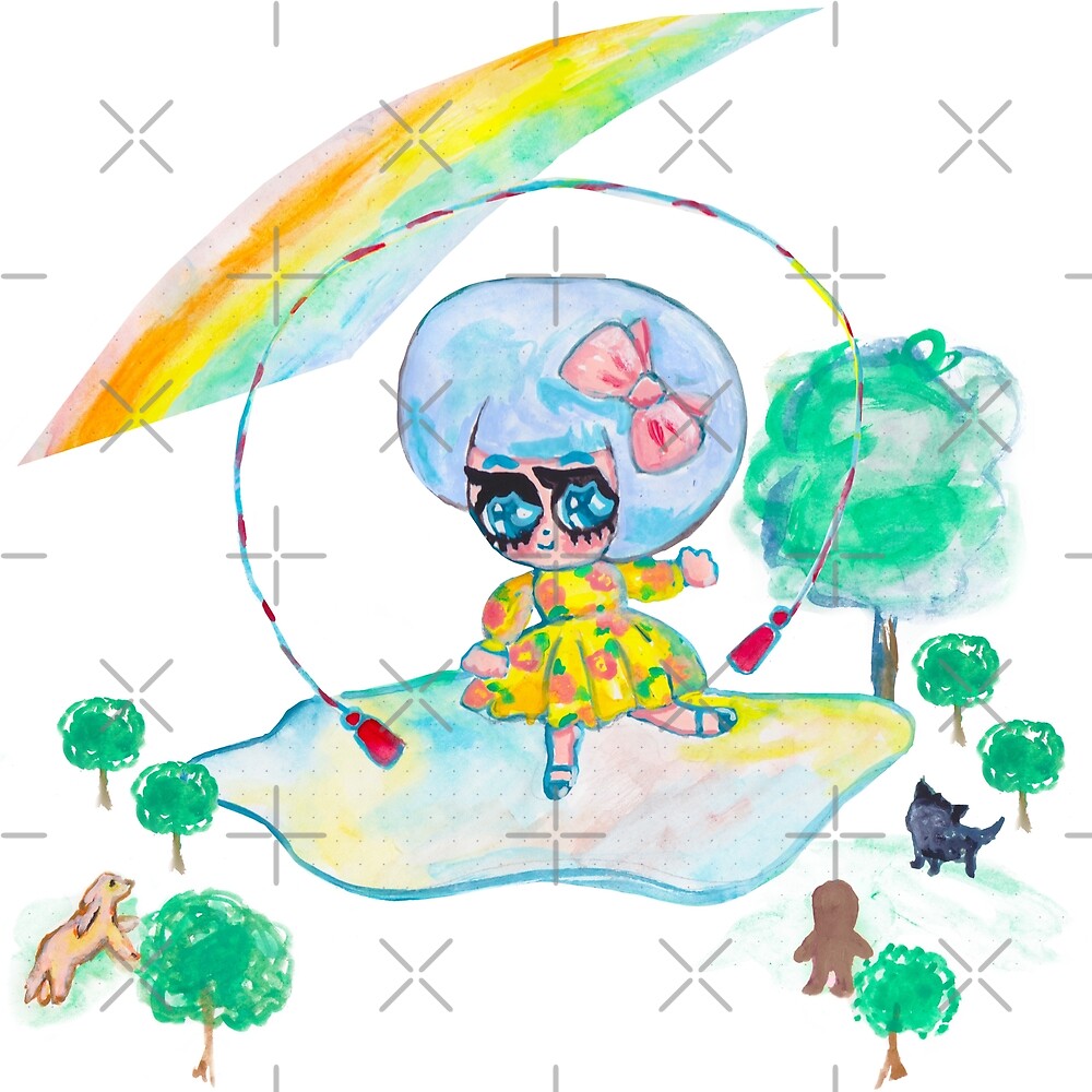 "Cute anime girl jumping rope by rainbow in forest" by helenashimizu ...