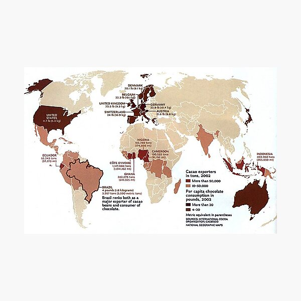 "Cocoa Chocolate Around the World Export Map" Photographic Print by ...