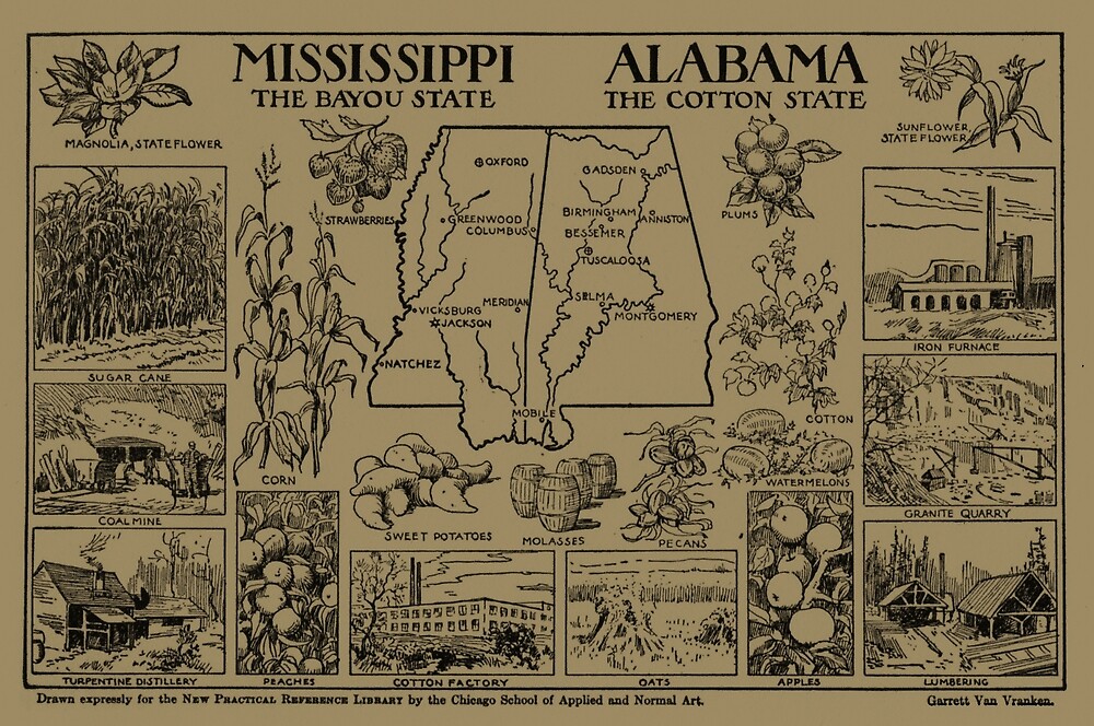 "Vintage Alabama and Mississippi Illustrative Map (1912) - Tan" by ...