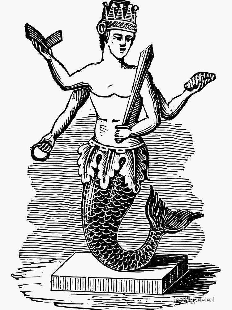 "Merman Prince Antique Drawing | Ancient Fine Art Illustration" Sticker ...