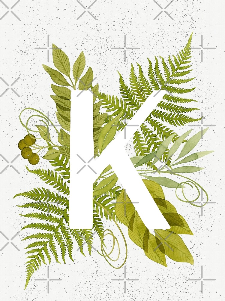 "Letter K monogram with green watercolor fern and leaves" Canvas Print ...