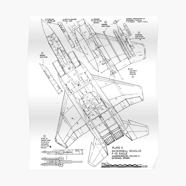 "F-15 Strike Eagle - Fighter Aircraft technical blueprint drawing ...