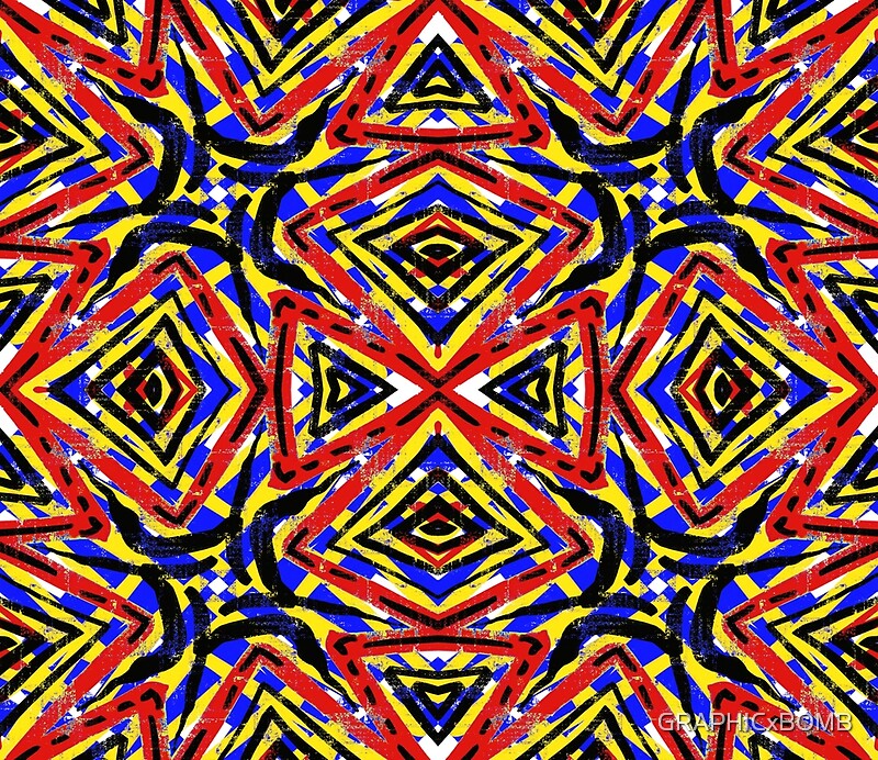 "Geometric Tribal Kaleidoscope Reflective Pattern in Primary Colors" by ...
