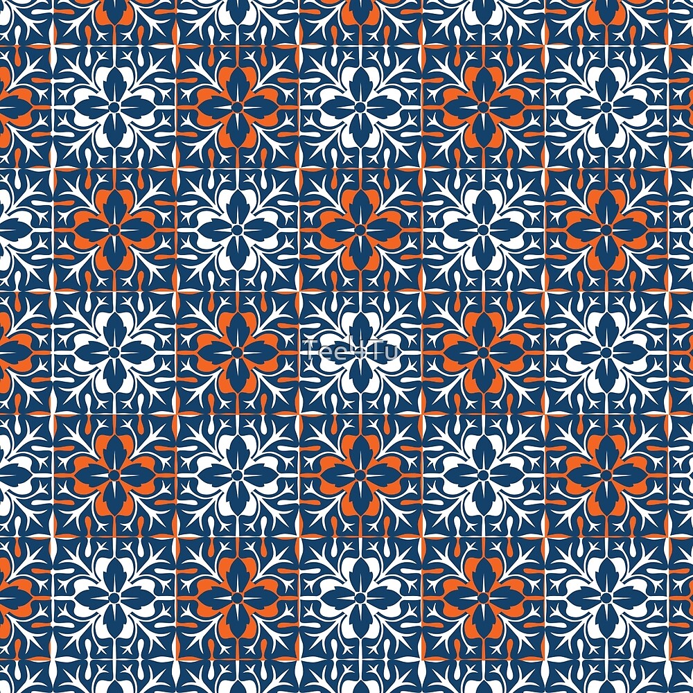"Mexican tile pattern - blue, white, orange" by Tee4Tu | Redbubble
