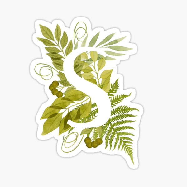 "Letter S monogram with green watercolor fern and leaves" Sticker by ...