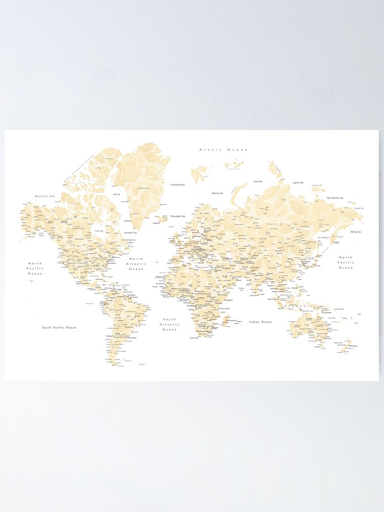 Póster «Mapa del mundo floral acuarela en crema y marrón claro, Remy ...