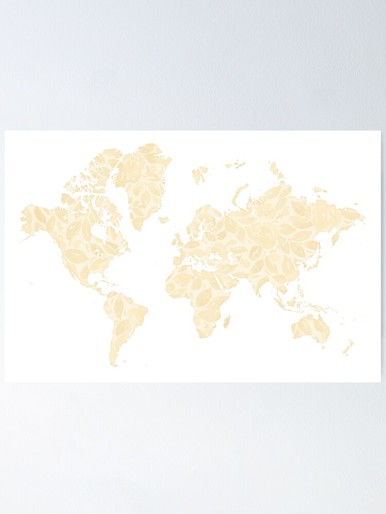 Póster «Mapa del mundo floral acuarela en crema y marrón claro, Remy ...