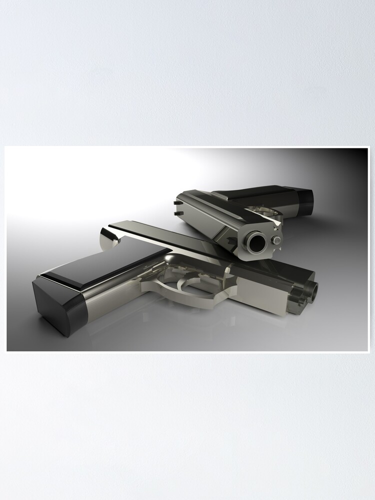 "Two guns laying on a white glossy table - 3D rendering illustration ...